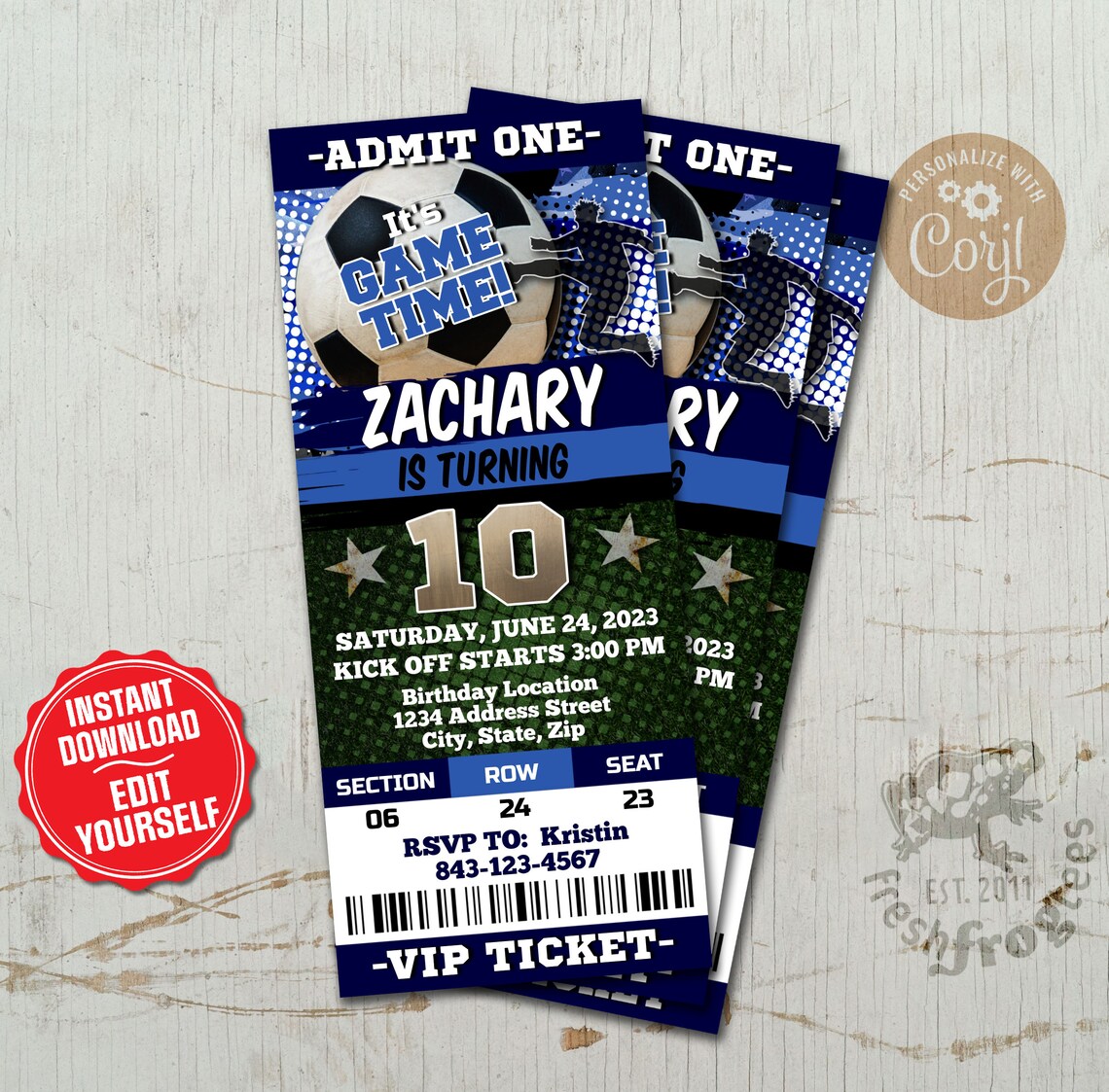 Soccer Ball Ticket Birthday Party Invitation Blue Easy Edit - Etsy