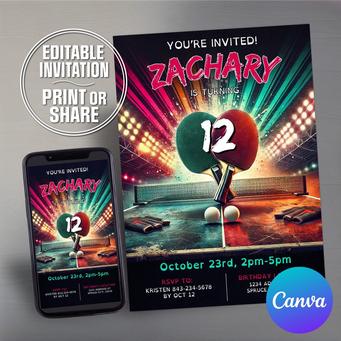 Ping Pong Birthday Invitation | Editable Table Tennis Party Invite ...