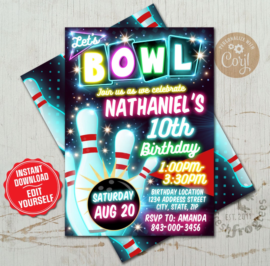 Bowling Birthday Party Neon Invitation for Boys or Girls EASY EDIT - Etsy
