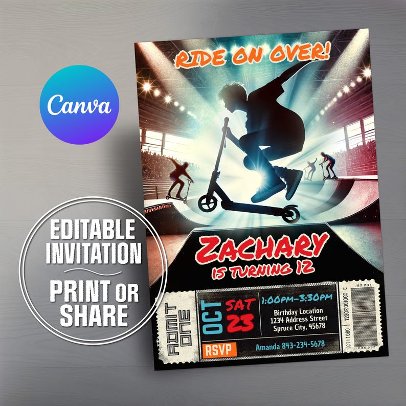 Scooter Birthday Invitation | Digital Skate Park Invite | Boys Birthday ...