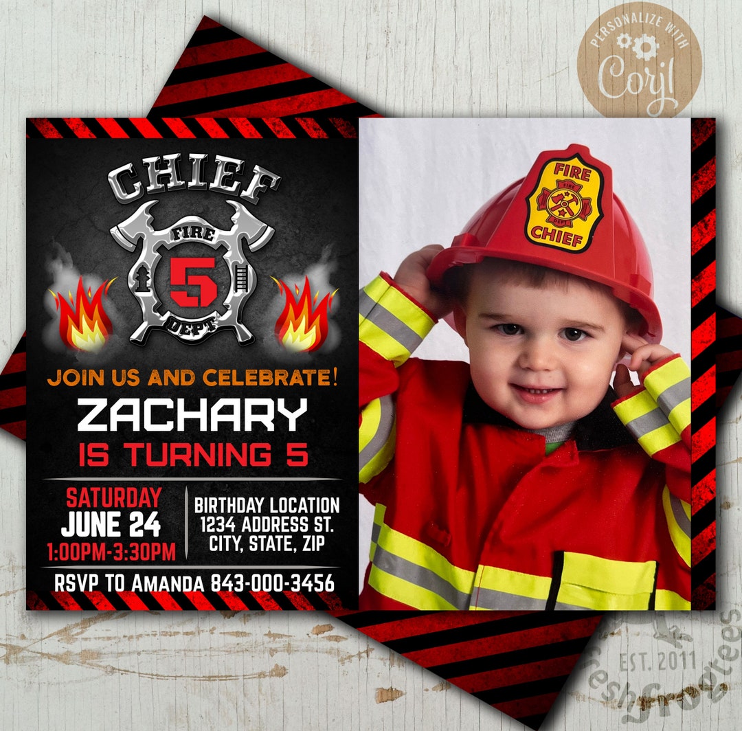 Firefighter Birthday Photo Invitation, Firefighter Birthday Party ...