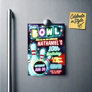 Bowling Birthday Party Neon Invitation | EASY EDIT! - Etsy