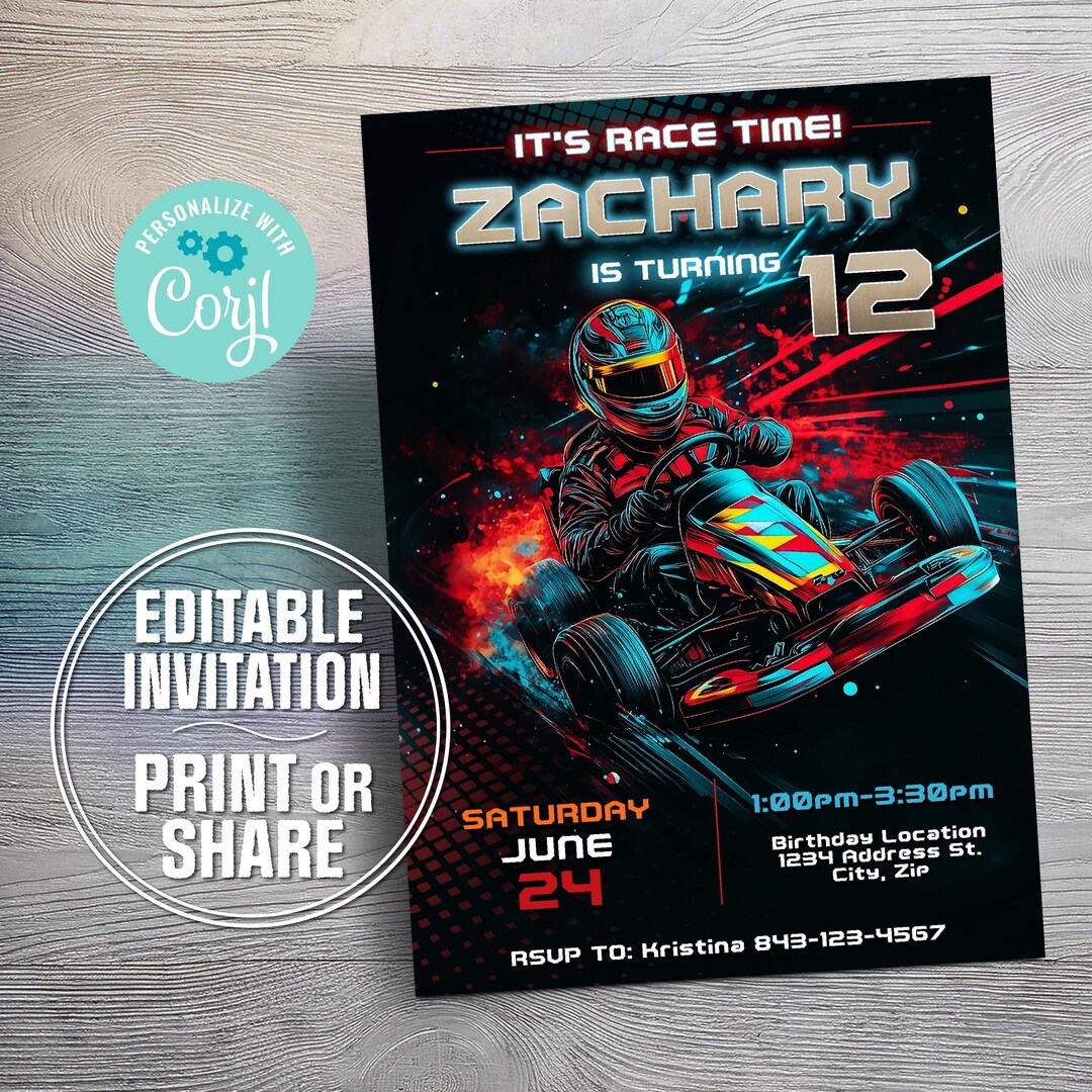 Go Kart Birthday Invitation Race Car Party Invite Teen Editable Go-kart ...