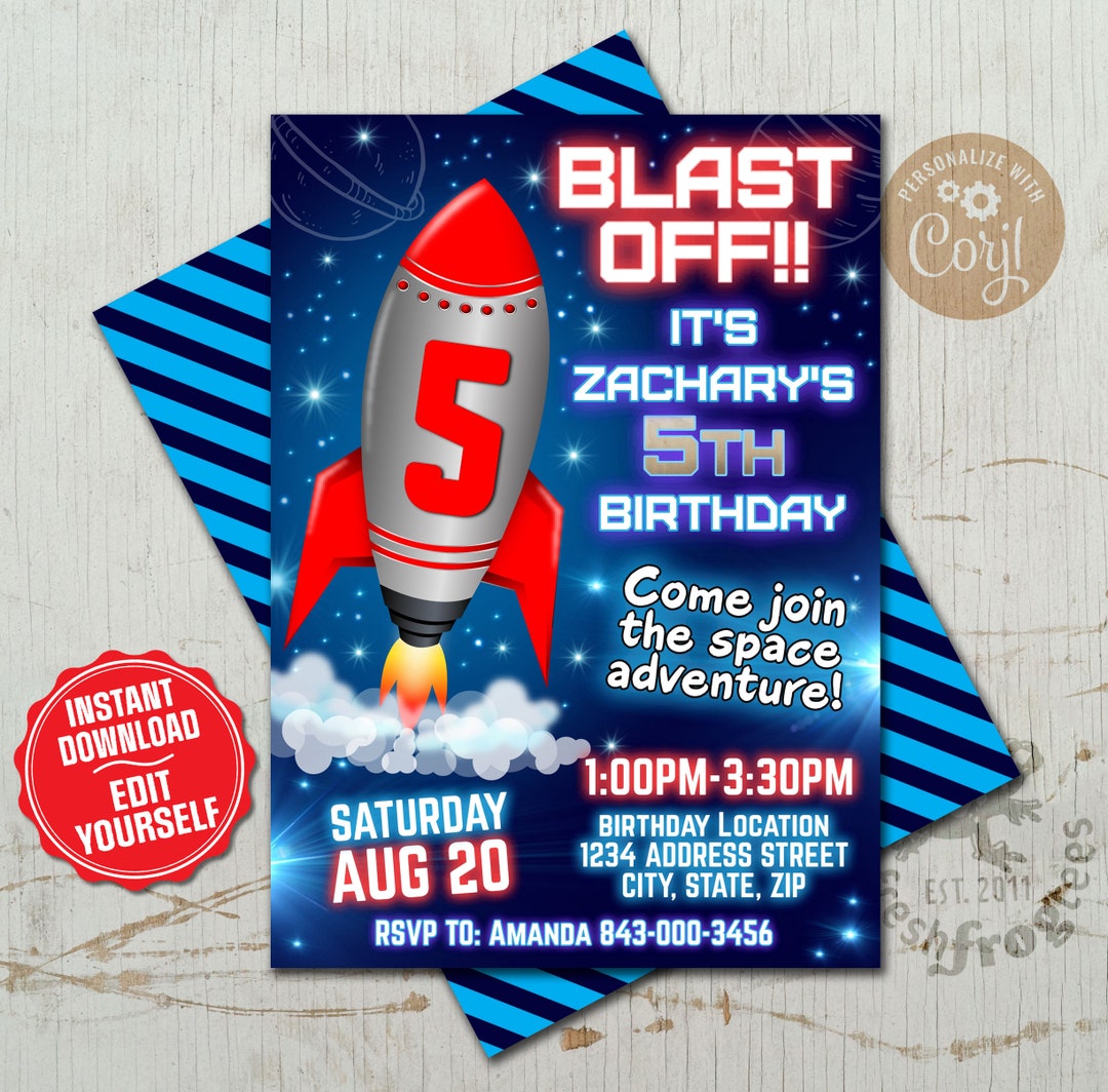Rocket Birthday Invitation Party Digital Download Editable RSVP Easy ...