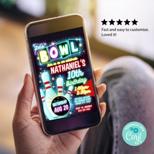 Bowling Birthday Party Neon Invitation | EASY EDIT! - Etsy