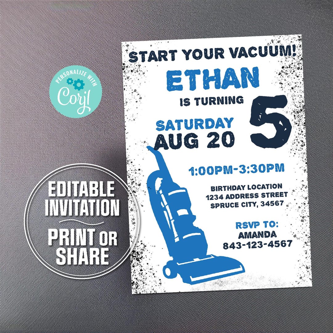 Vacuum Cleaner Birthday Invitation Kids Rsvp Editable Digital Invite ...