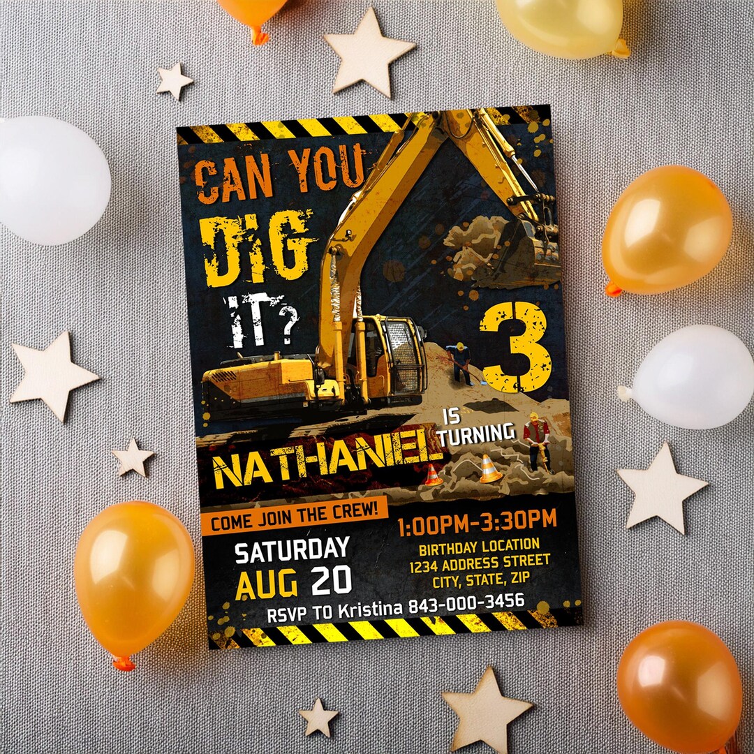 Construction Digger Invitation Template | DIY Printable Excavator Party ...