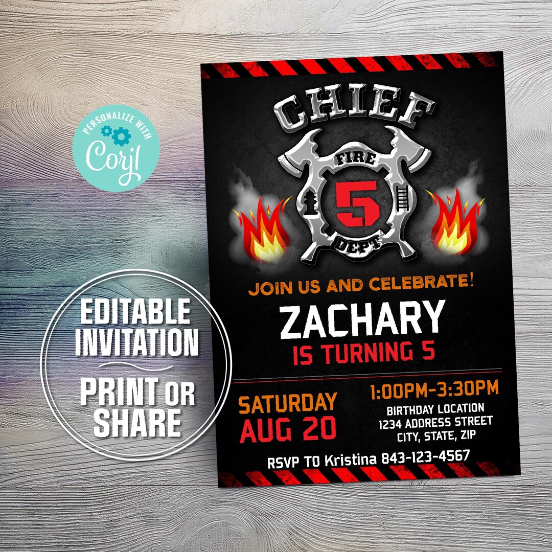 Firefighter Birthday Invitation, Firefighter Birthday Party Invite ...