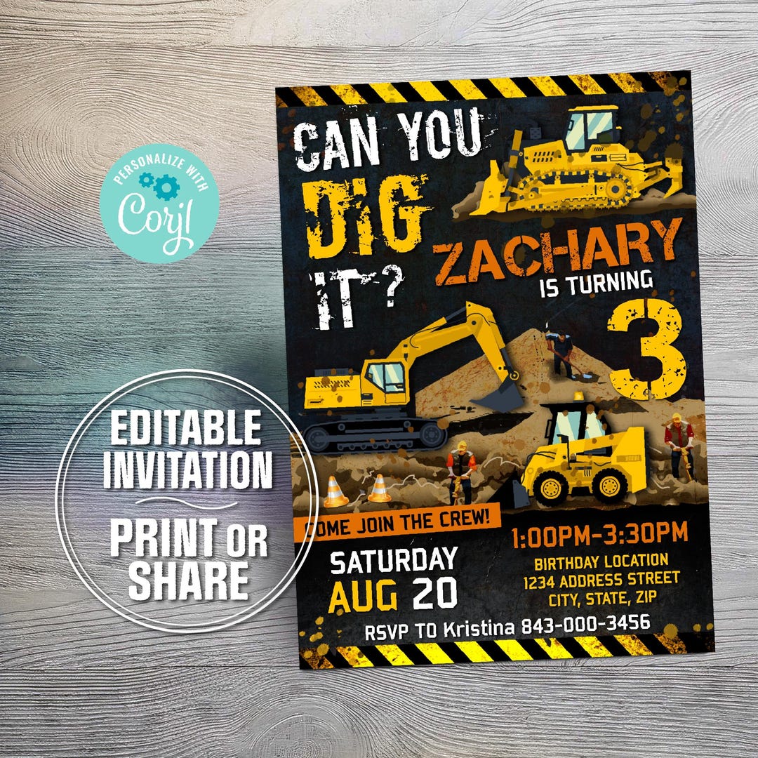 Construction Birthday Invitation | Excavator Theme (digital Download ...