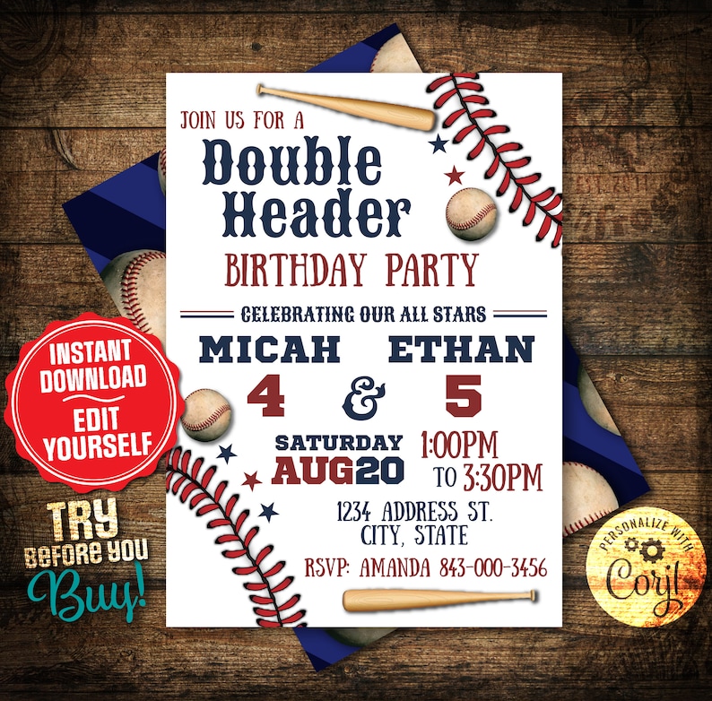 Double Header Baseball Birthday Invitation Editable Digital - Etsy