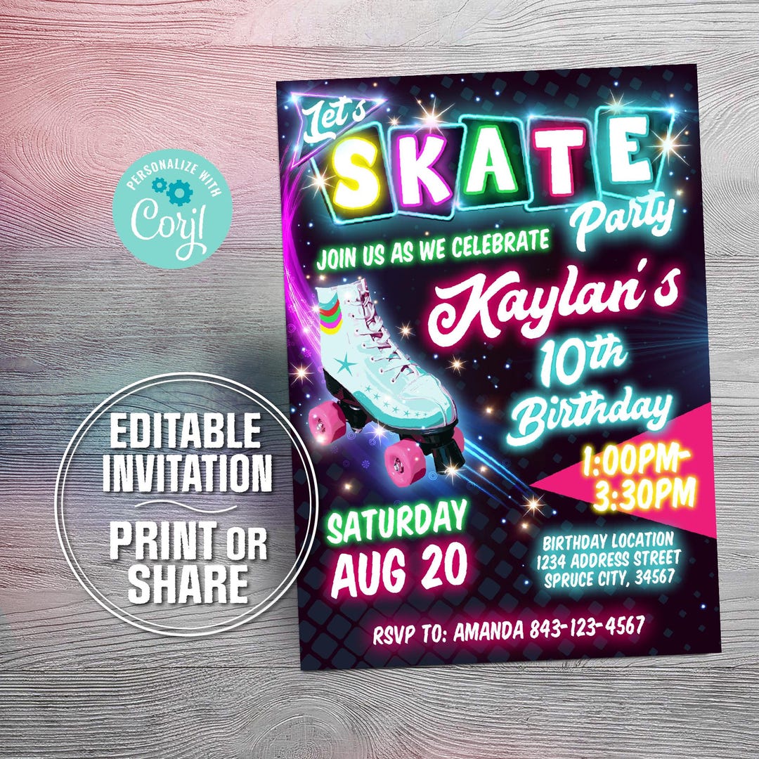 Roller Skate Birthday Invitation – Neon Retro Party (digital Download ...