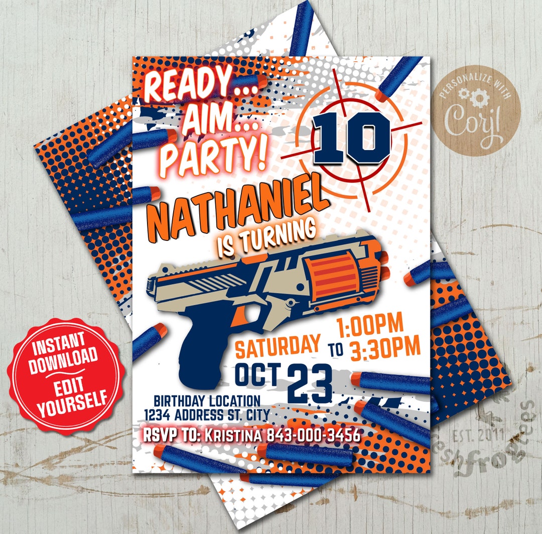 Dart Gun Birthday Invitation, Dart Gun War Birthday Invite Kids ...