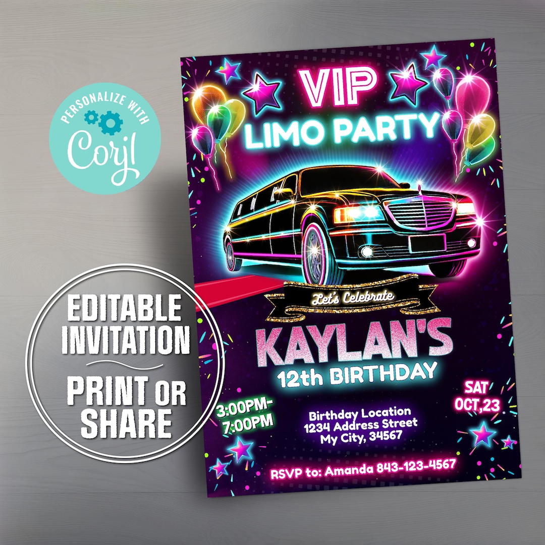 Neon Limo Birthday Party Invite | Editable VIP Pass (digital Download ...