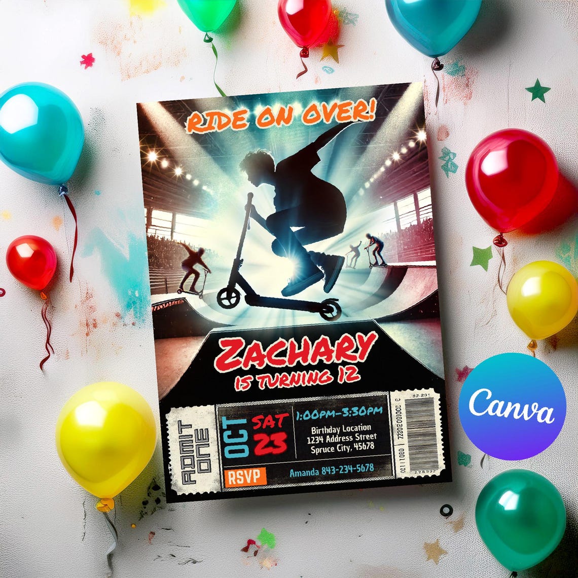 Scooter Birthday Invitation | Digital Skate Park Invite | Boys Birthday ...