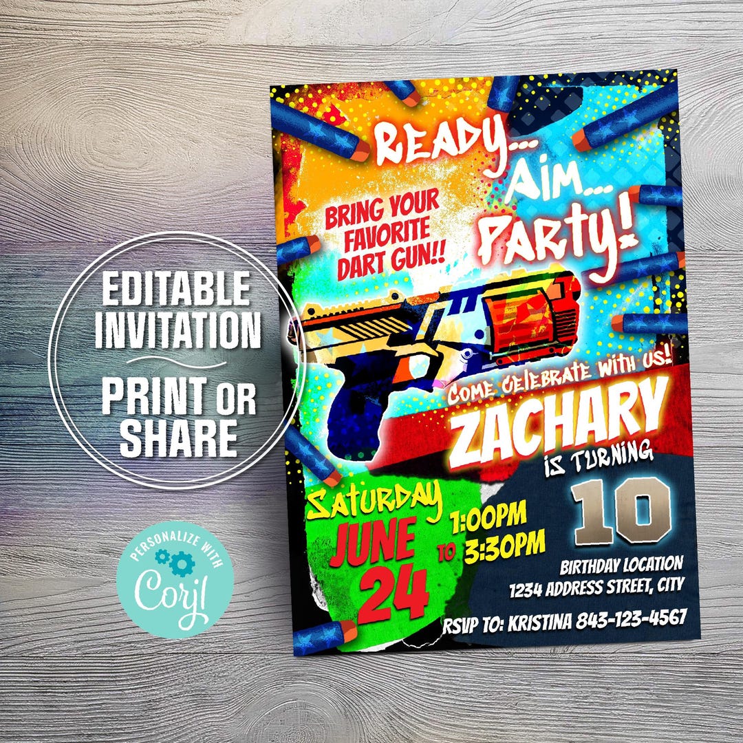 Dart Gun Birthday Invitation Template | Dart Gun Party Invite | Instant ...