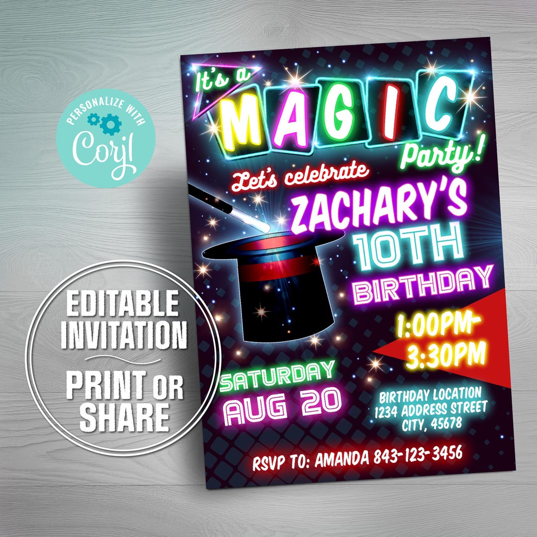Magic Birthday Invitation | Digital Magician Party Invite | Editable ...