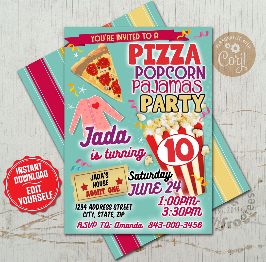 Pizza Popcorn Pajama Party Birthday Invitation Editable Digital Invite ...