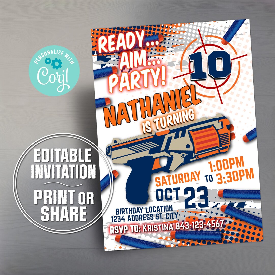 Dart Gun Birthday Invitation, Kids Editable Invite (digital) - Etsy