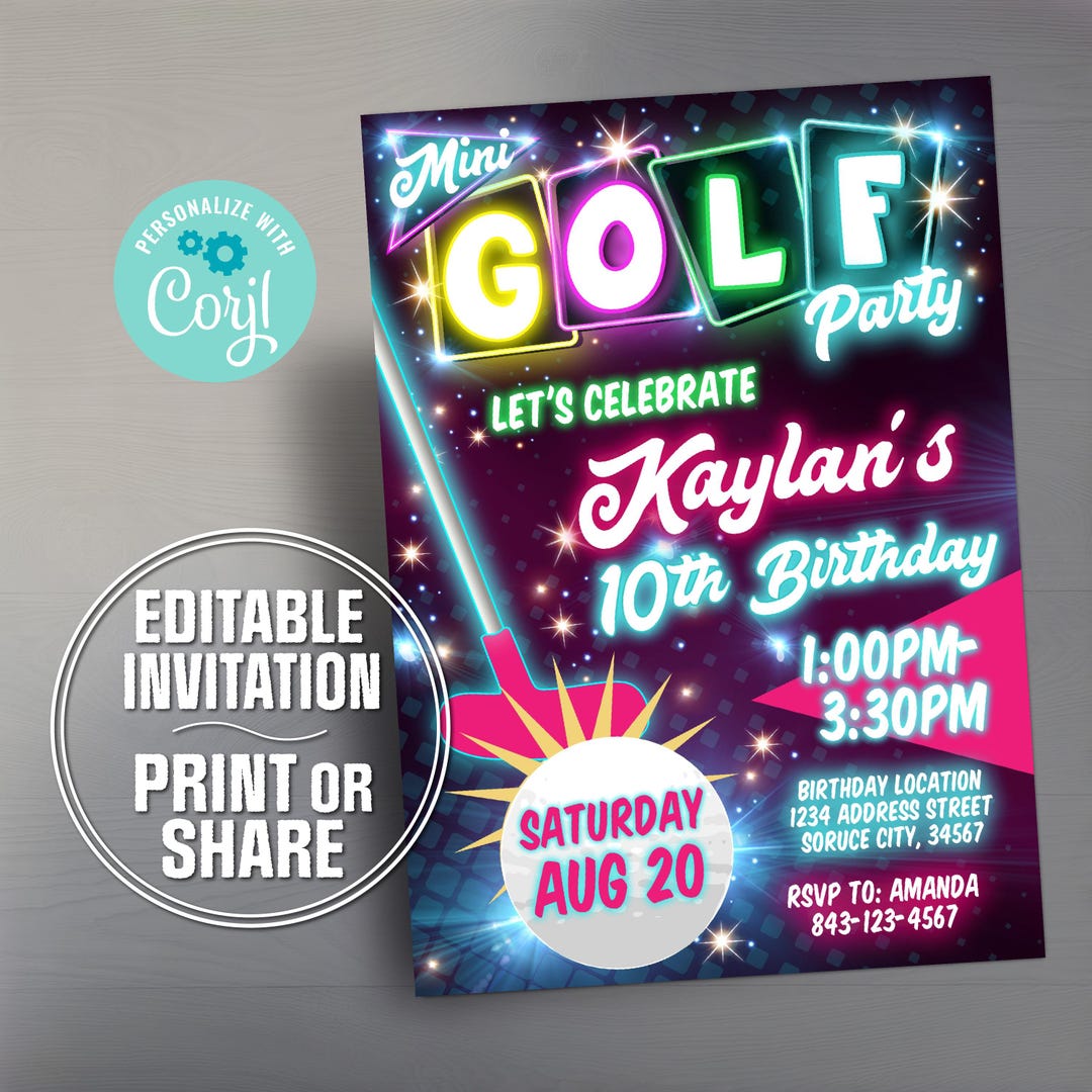 Girls Miniature Golf Party Invite, Glow Mini Golf Birthday Invitation ...