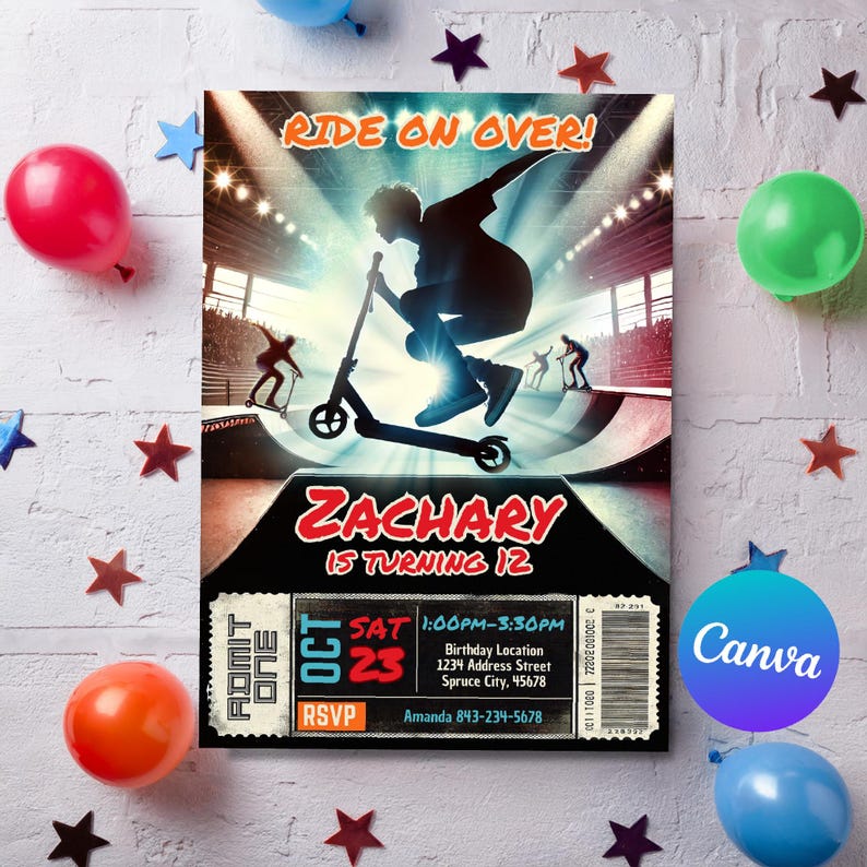 Scooter Birthday Invitation | Digital Skate Park Invite | Boys Birthday ...