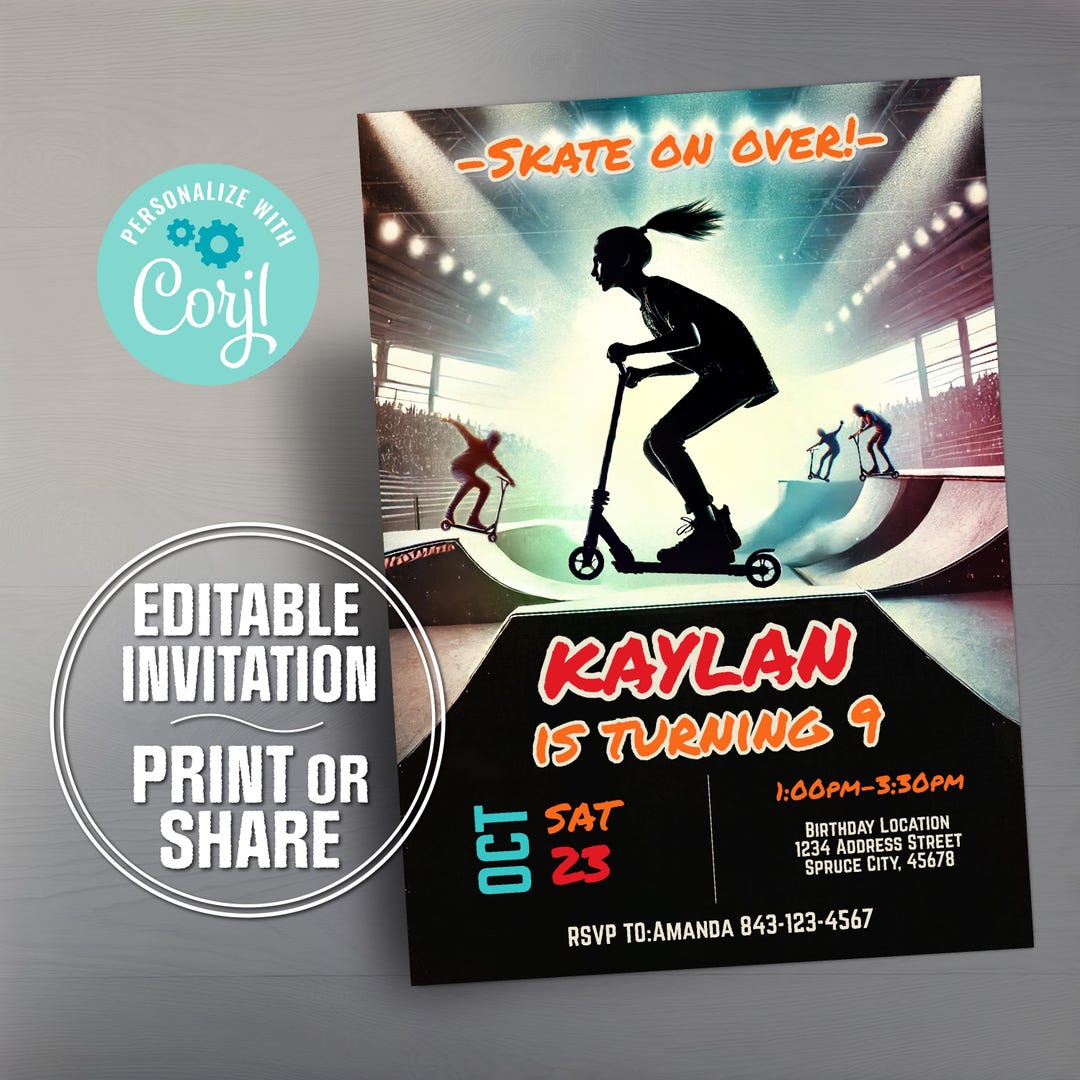 Scooter Birthday Invitation | Park Invite Digital | Girls Birthday ...