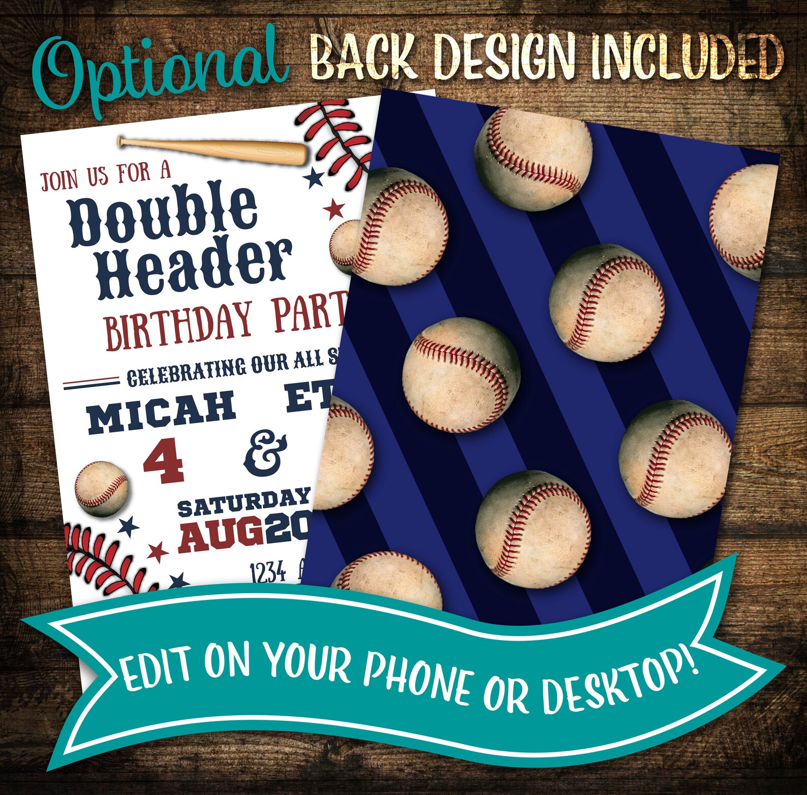 Double Header Baseball Birthday Invitation Editable Digital Invite EASY ...