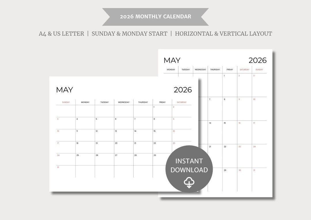 Calendar 2026 Monthly Printable: A4 & Letter Size (PDF Download) - Etsy UK