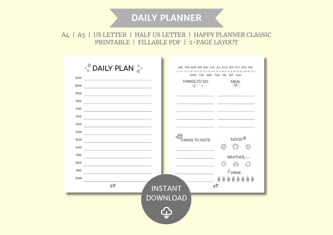 Undated Daily Planner Printable: Minimalist Two-page Layout (digital ...