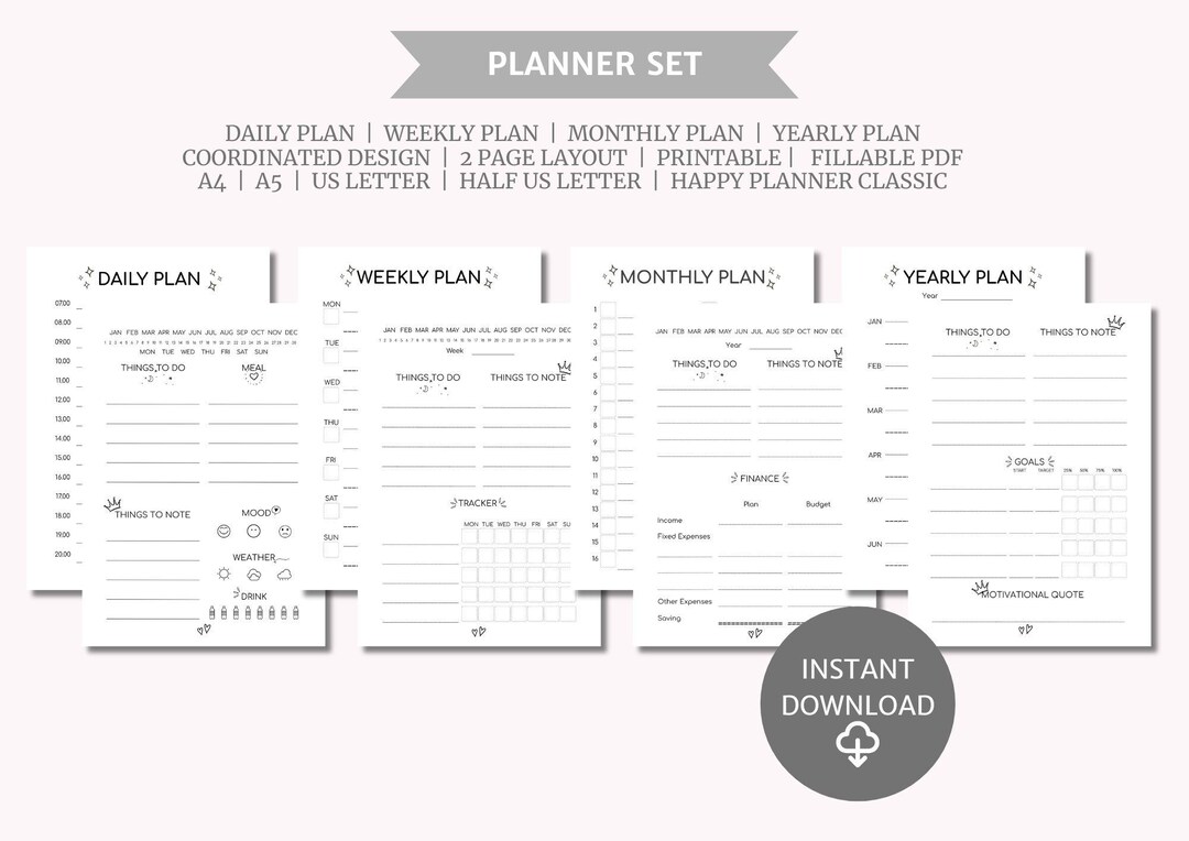 Printable Planner Bundle: Undated Daily, Weekly, Monthly, Yearly Two ...