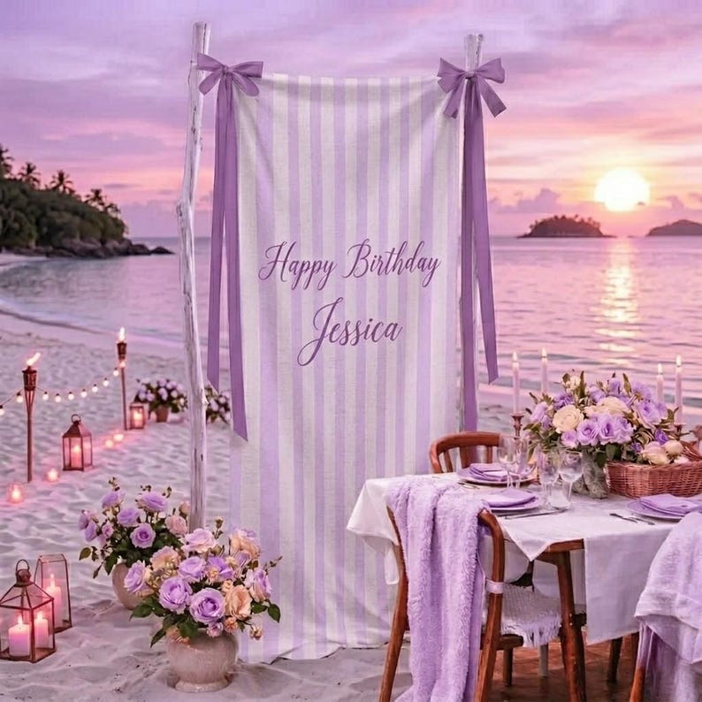 Striped Cotton Linen Birthday Banner, Custom Name Party Backdrop ...