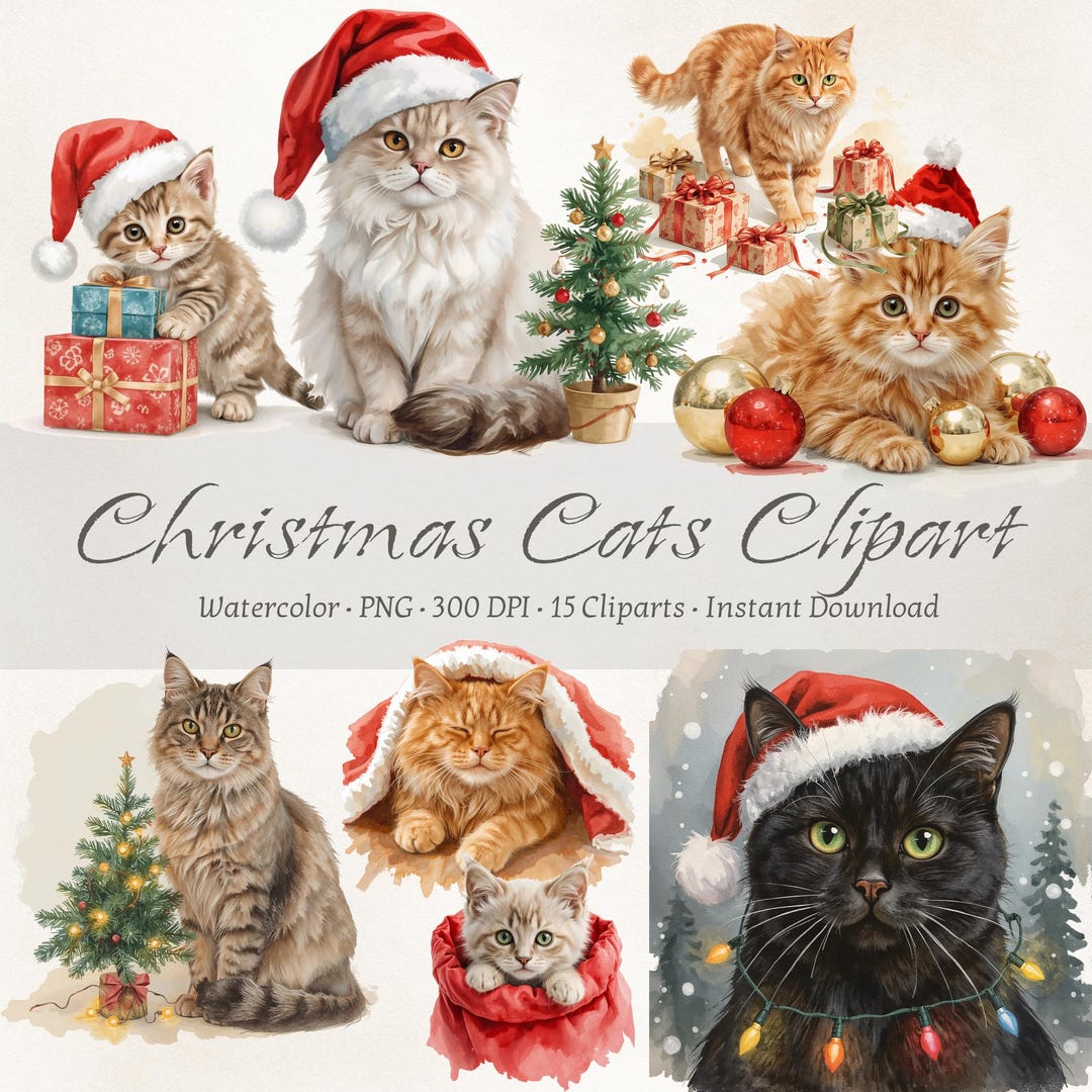 Watercolor Christmas Cat Clipart Set | Holiday Pngs (15 Files) - Etsy UK
