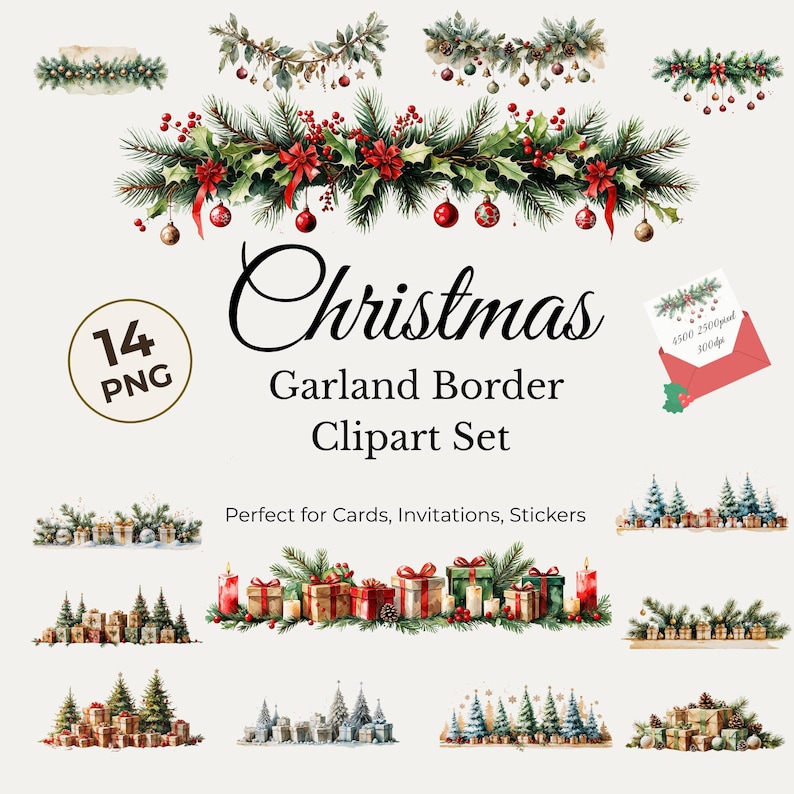 Watercolor Christmas Garland Clipart | Holiday PNG Borders (digital ...