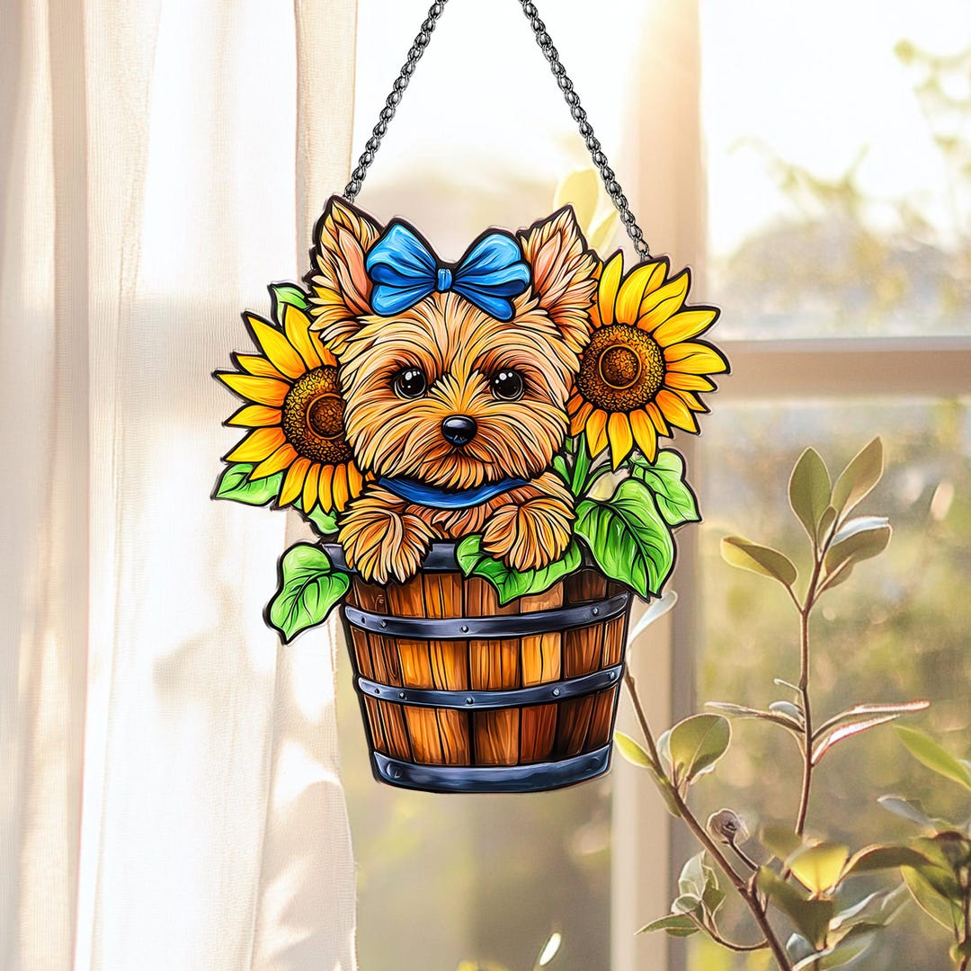 Yorkshire Terrier Suncatcher, Dog and Sunflower Window Decor - Etsy
