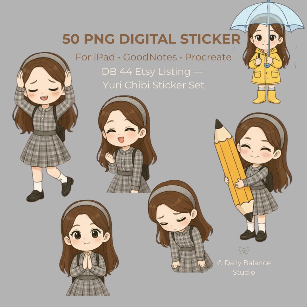 Yuri Chibi Sticker Pack: 50 Kawaii Girl PNG Stickers (digital Download ...
