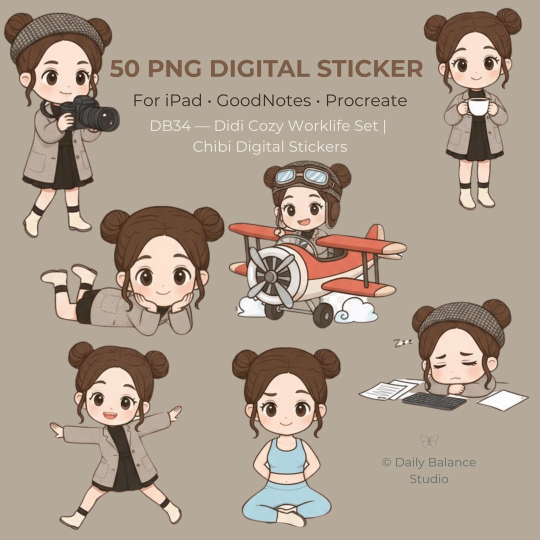 Didi Cozy Worklife Chibi Stickers – 50 PNG Digital Planner Graphics ...