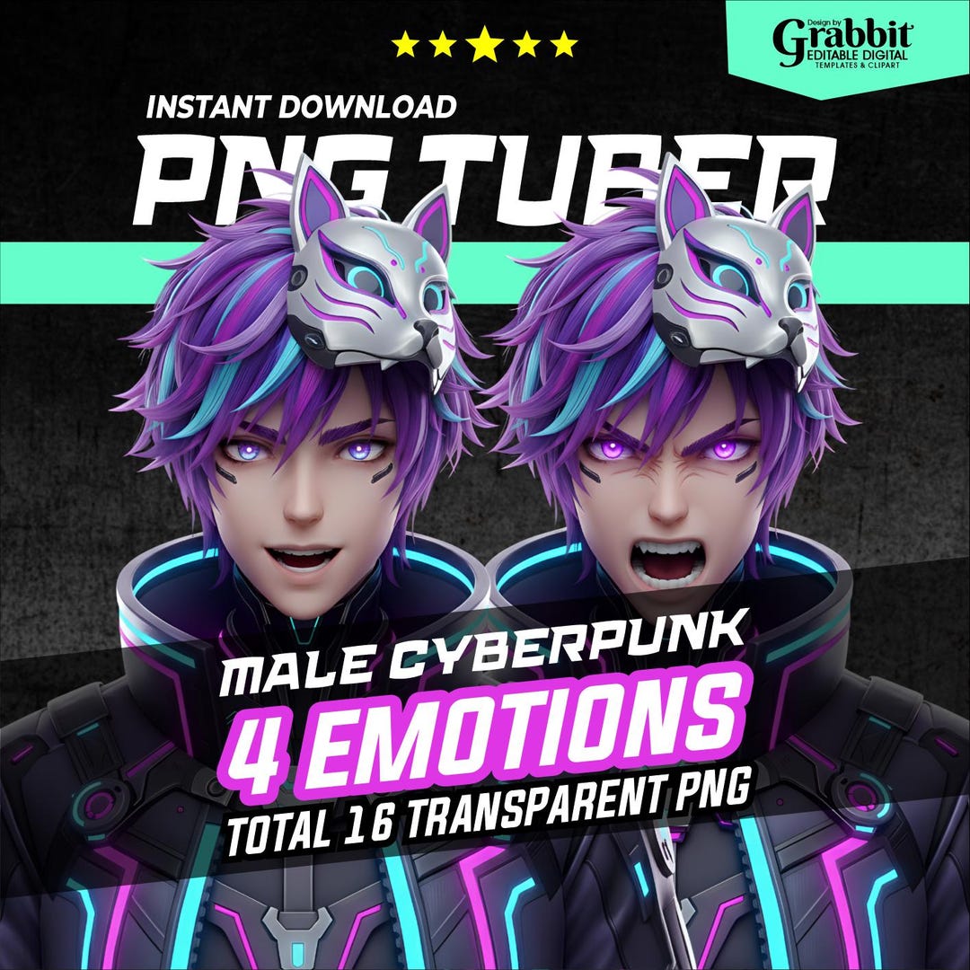 Pngtuber Male Model | Cyberpunk Kitsune Anime Boy | 4 Expression PNG ...