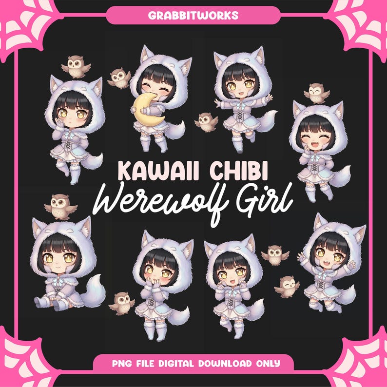Kawaii Chibi Werewolf Girl Clipart: 8 PNG Halloween Costume Designs - Etsy