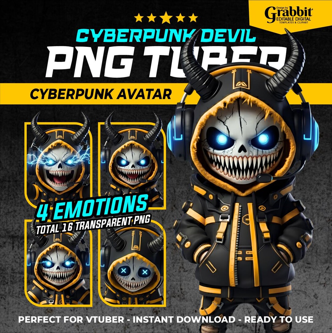 Pngtuber Cyberpunk Demon Model | 4 Emotions | 16 PNG | Devil Male ...