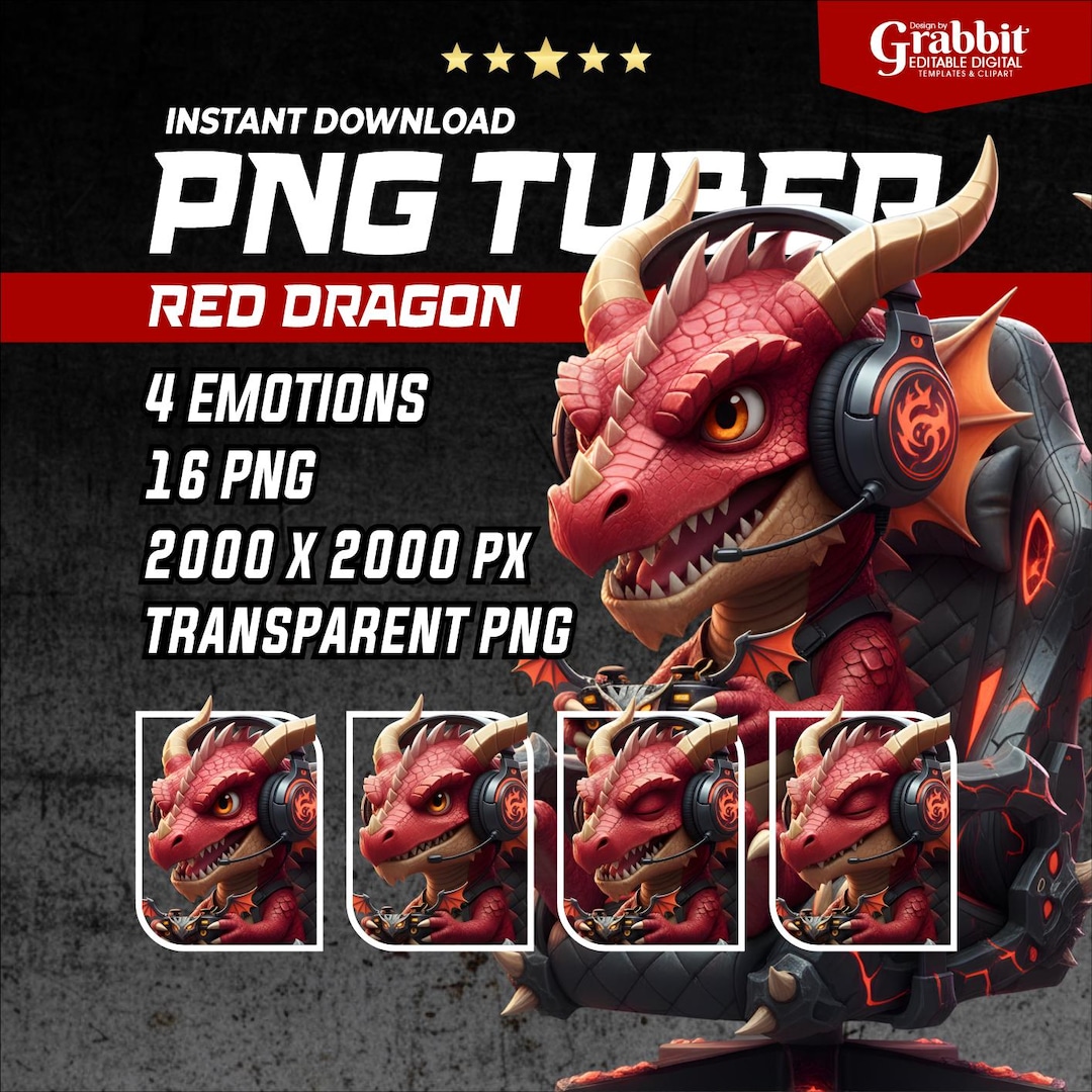 Pngtuber Male Red Dragon | 4 Emotions | 16 PNG | Gamer Dragon Model ...