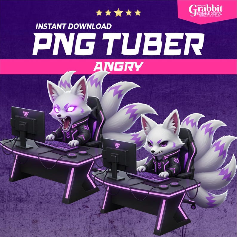 Pngtuber Kitsune Gamer Vtuber Model | 5 Emotions | 22 PNG | White Fox ...