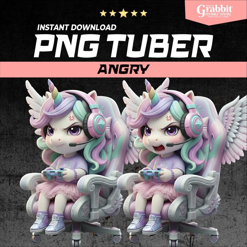 Unicorn Gamer Pngtuber Avatar | 4 Emotions (16 Pngs) (digital Download ...