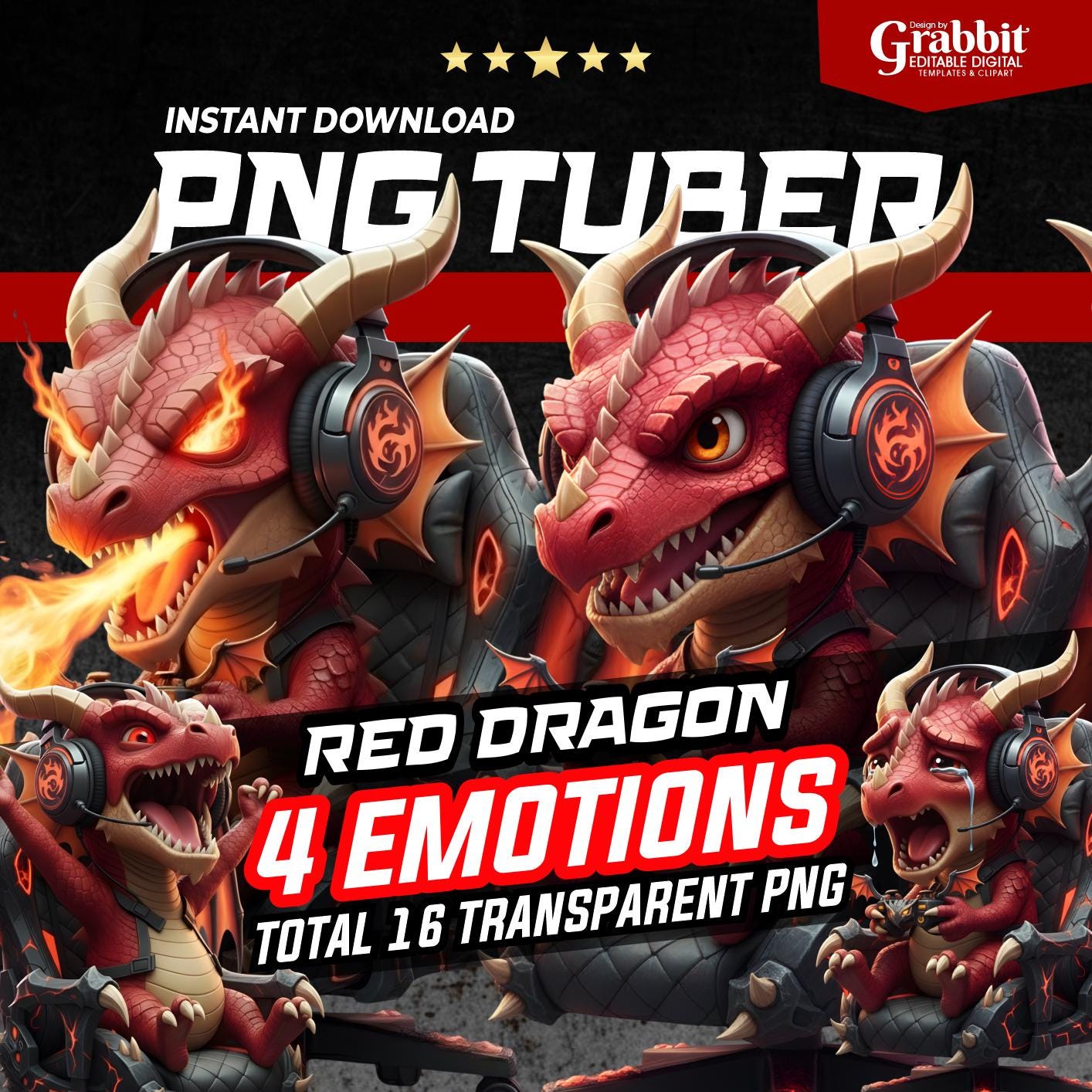 Pngtuber Male Red Dragon | 4 Emotions | 16 PNG | Gamer Dragon Model ...