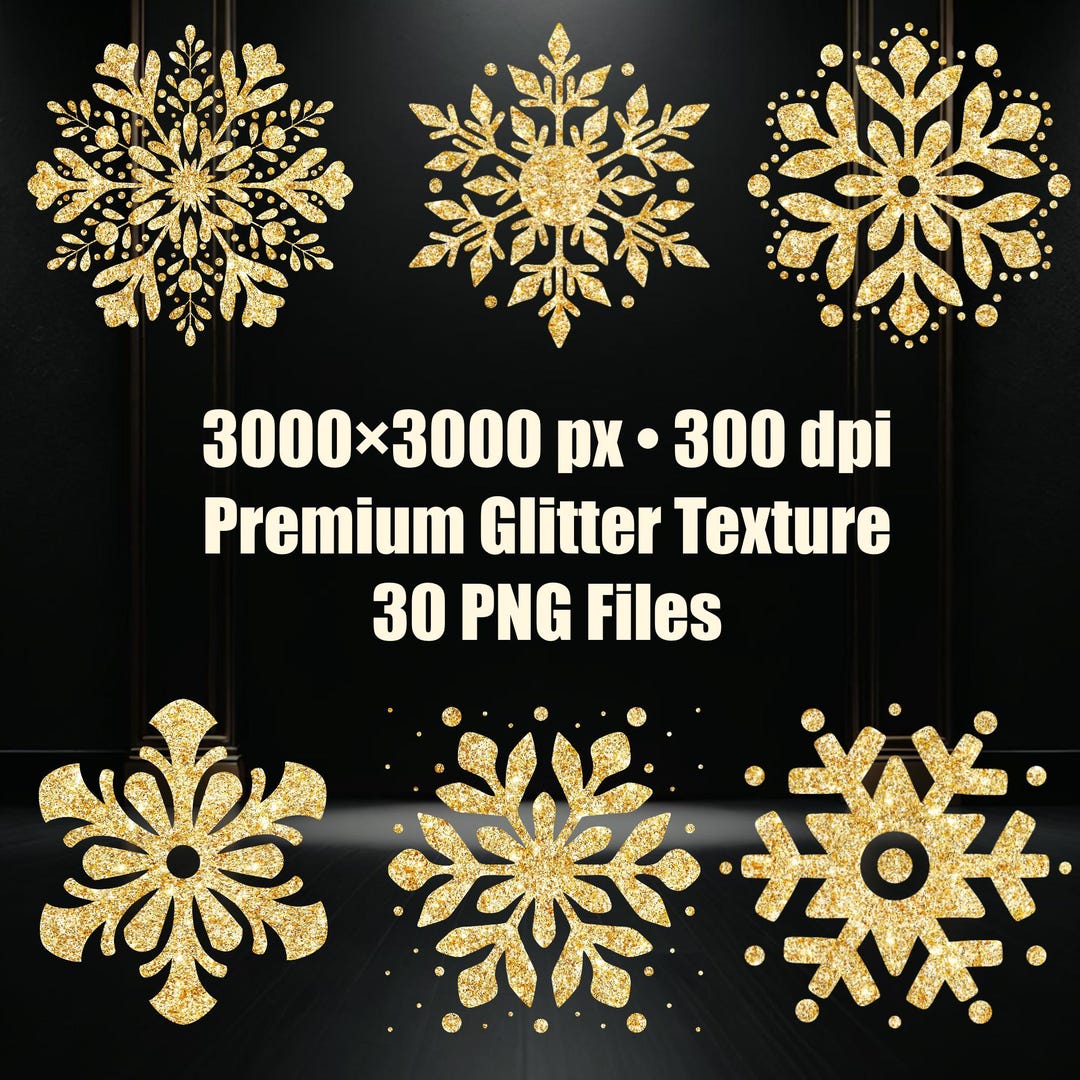 30 Gold Glitter Snowflakes PNG, Christmas Clipart, Winter Elements ...
