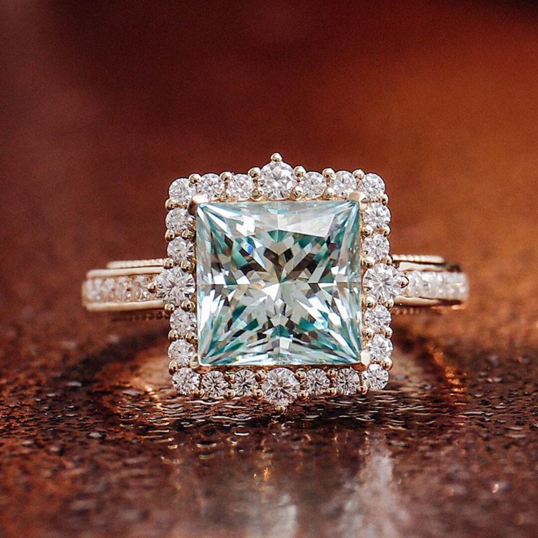 3.1 Ct Faint Blue Princess Moissanite With Rond Cut Engagement Ring - Etsy