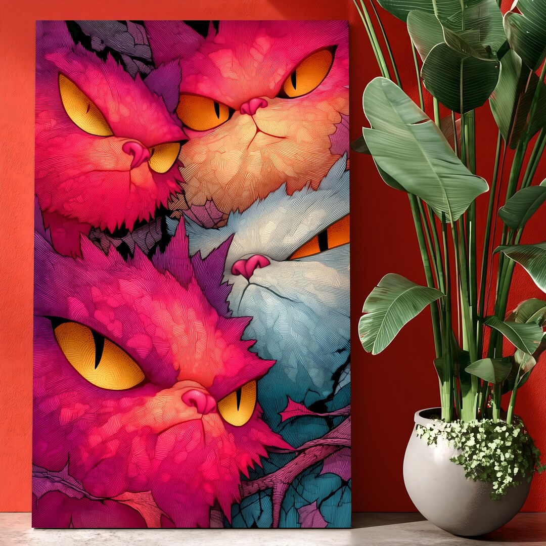 Angry Cat Trio Digital Download - Bold Graphic of Snarling Pink Cats - Etsy