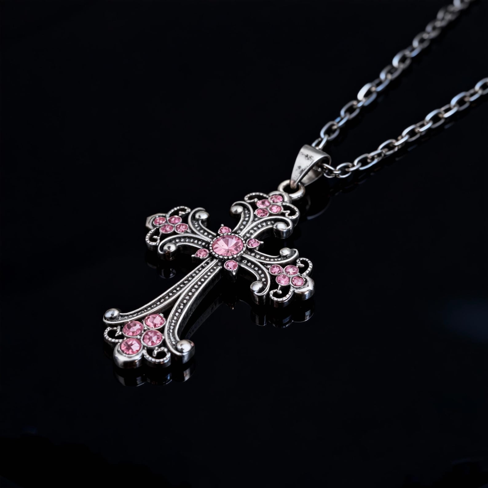 Vintage Chrome Hearts Pink Crystal Gothic Cross Necklace in Sterling ...