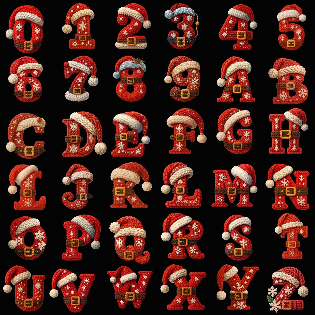 Christmas Knit Alphabet PNG Bundle, Santa Hat Letters & Numbers, Red ...