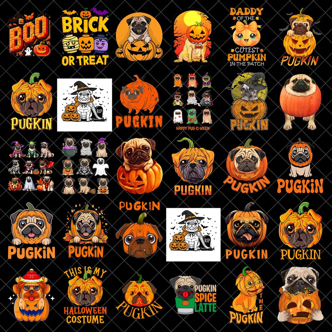 Retro Halloween Pug Dogs PNG Bundle, Cute Pugs in Witch Png, Pumpkin ...