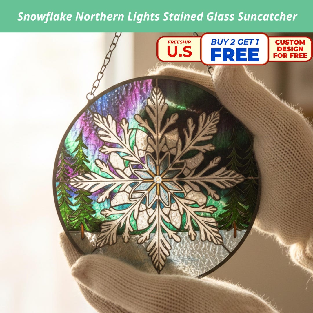 Snowflake Northern Lights Stained Glass Suncatcher, Winter Decor - Etsy