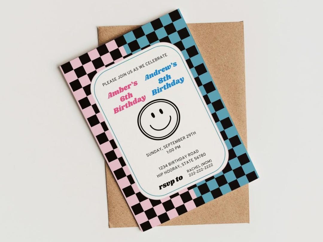 Smiley Face Birthday Invitation: Editable Checkered Party Invite (canva ...